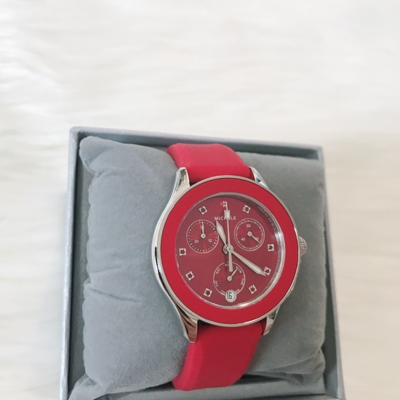 Michele | Accessories | Nwt Michele Cape Chrono Red Sunray Dial Watch ...
